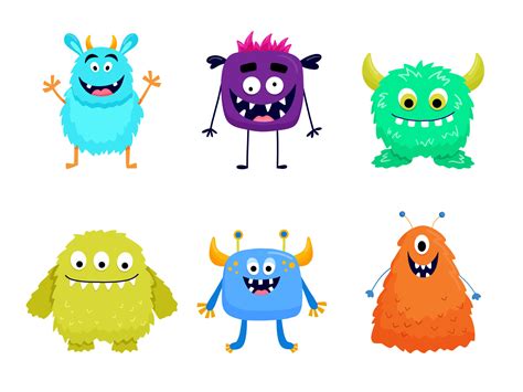 Set Of Cute Colorful Monsters Funny Cool Cartoon Fluffy Monster