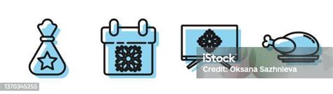 텔레비전 산타 클로스 가방 선물 달력과 구운 칠면조 또는 치킨 아이콘에 세트 라인 메리 크리스마스를 설정합니다 벡터 가득 찬에