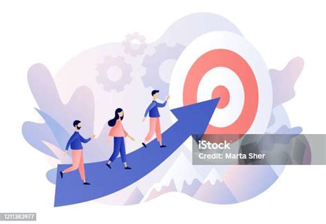목표를 달성하기 위한 노력 목표를 향해 달리는 작은 사람들 사업가 인내 도전 경력 및 개인 성장 현대 평면 만화 스타일입니다 흰색 배경의 벡터 그림 포부에 대한 스톡 벡터