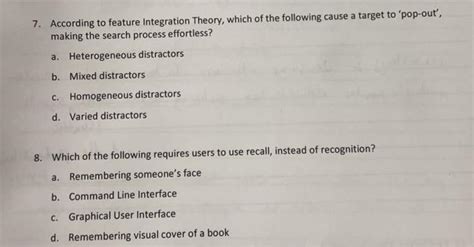 solved 7 according to feature integration theory which of