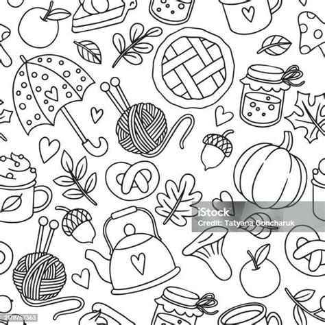 가을 요소의 완벽 한 벡터 패턴입니다 낙서 스타일 색칠 공부 아늑한 가을 10월에 대한 스톡 벡터 아트 및 기타 이미지 10월 11월 9월 Istock
