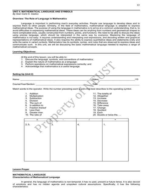 Unit 2 Mathematical Language And Symbols Gcsgaetos Pdf Set