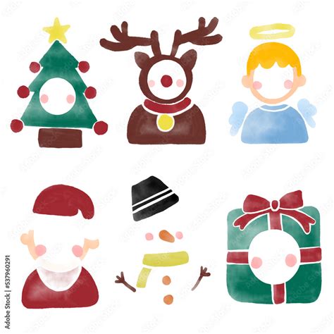 크리스마스 산타 루돌프 얼굴 합성 캐릭터 수채화 일러스트 모음 Stock 일러스트레이션 Adobe Stock