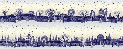 크리스마스와 새해 완벽 한 테두리 패턴입니다 동화 속 집 별 눈송이 전나무 은색 배경에 흰색과 진한 파란색 낙서 눈 냉동상태의 물에 대한 스톡 벡터 아트 및 기타 이미지