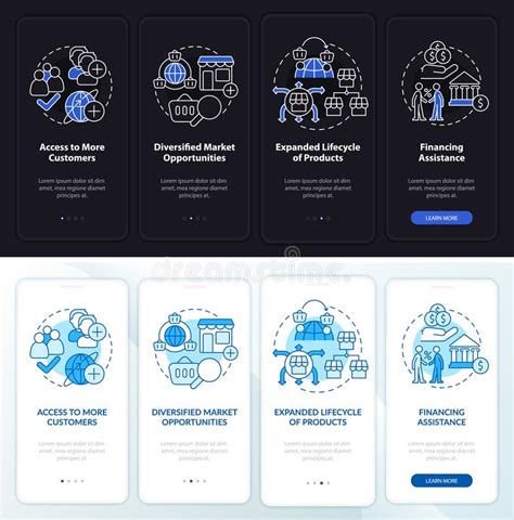 Export Business Advantages Night Day Mode Onboarding Mobile App Screen Stock Vector