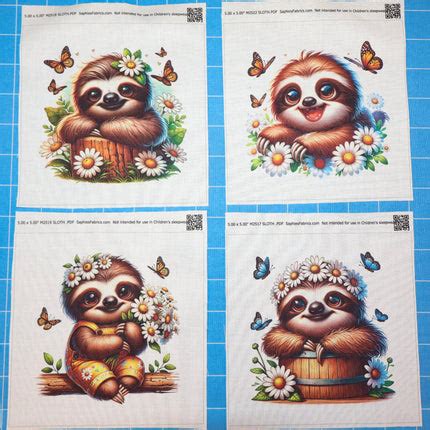 4 Piece 5x5 Sloths 100 Cotton Fabric Panel Squares Quilting Blocks