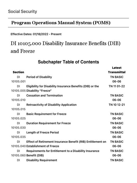 Ssa Poms Di 10105 000 Disability Insurance Benefits Dib And Freeze Tabl Download