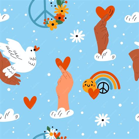 Elementos De Paz E Amor Padrão Contínuo Símbolos De Hippies Mãos