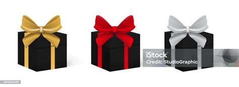 빨간색 흰색 검은색 및 금색 새틴 리본이 있는 사실적인 선물 상자 정사각형 형태의 선물 상자 정면 보기 표면에 서 있습니다 휴일 장식 블랙 프라이데이 세일 컬렉션 벡터
