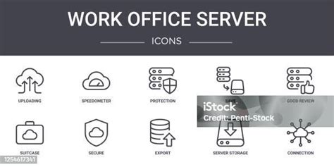 작업 사무실 서버 개념 라인 아이콘 설정 웹 로고 속도계 저장 여행 가방 내보내기 서버 저장 연결 좋은 검토 보호와 같은 Ui