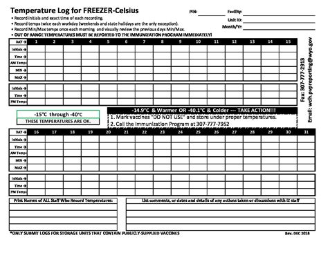 Vaccine Temperature Logs Freezer REV 2021 Wyoming Department Of Health