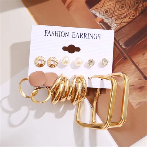 6 Pairs Womens Vintage Golden Geometric Earrings Set Choosy Shop