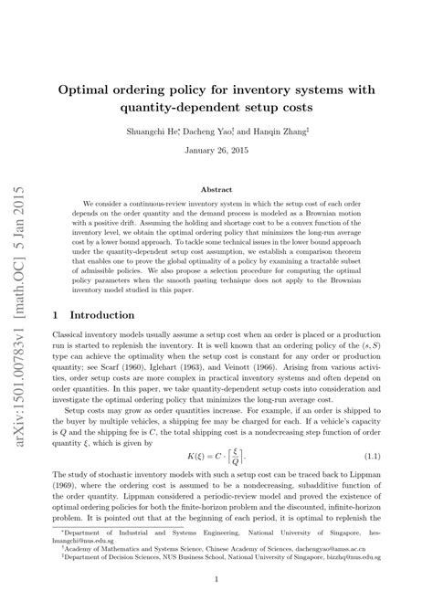Pdf Optimal Ordering Policy For Inventory Systems With Quantity Dependent Setup Costs