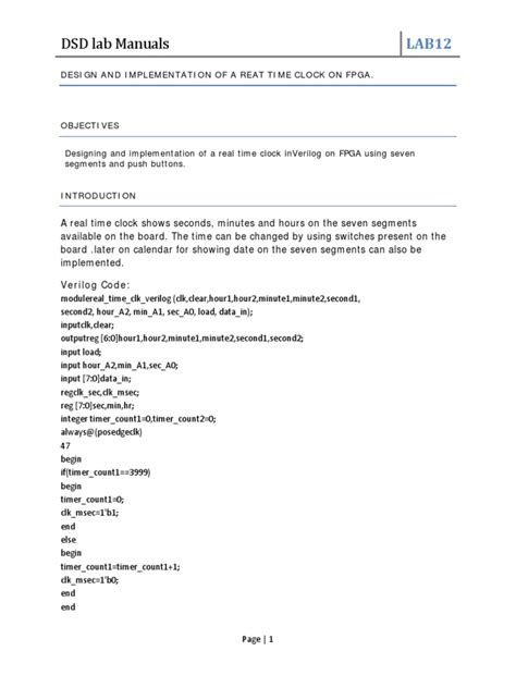 dsd lab manuals design and implementation of a reat time clock on fpga
