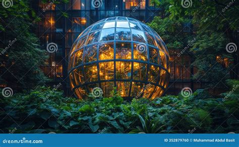 A Glass Globe Structure Surrounded By Lush Greenery And Urban Architecture Stock Illustration