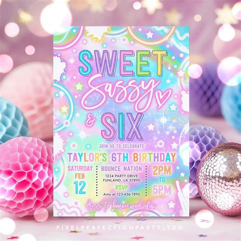 Editable Sweet Sassy And Six Birthday Party Invitation Neon Glow Sweet