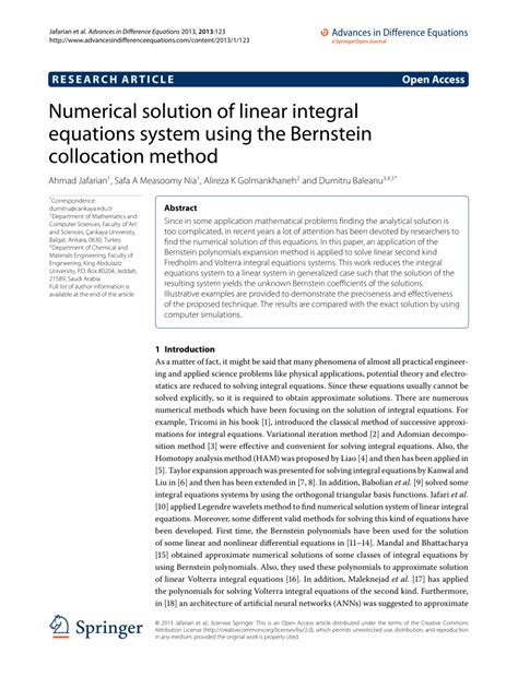 Pdf Numerical Solution Of Linear Integral Equations System Using The Bernstein Collocation Method