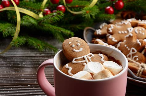 핫 초콜릿 마시멜로와 진저 브레드 남자가 있는 핑크 머그잔이 가문비나무 가지를 배경으로 하고 쿠키가 있는 트레이 12월에 대한 스톡 사진 및 기타 이미지 Istock