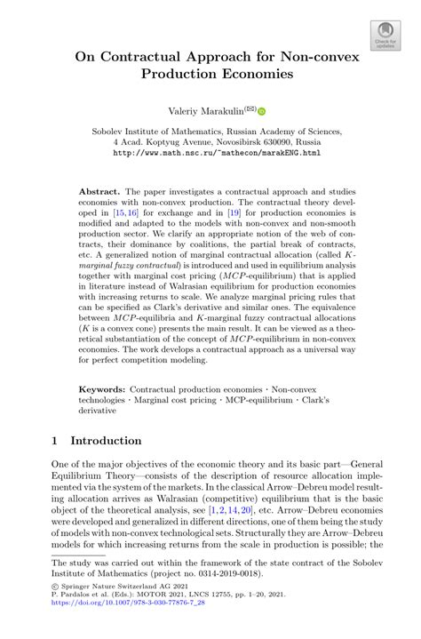 Pdf On Contractual Approach For Non Convex Production Economies