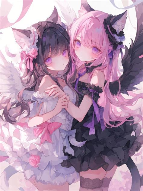 Two Anime Style Characters With Cat Ears And Wings Featuring Long