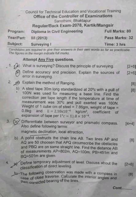 CTEVT Diploma In Civil Engineering II Year Surveying I Regular Back