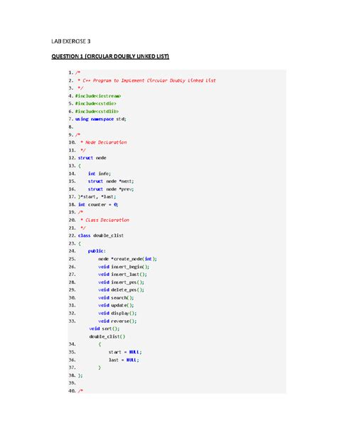 Lab 3 Lab Exercise 3 Lab Exercise 3 Question 1 Circular Doubly Linked List 1 C