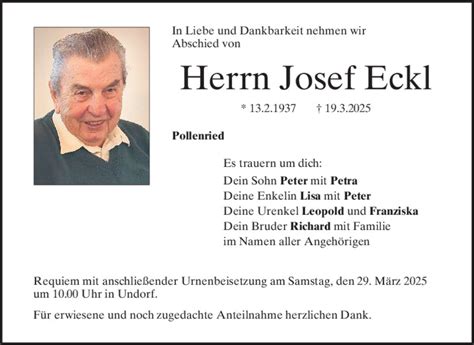 Traueranzeigen Von Josef Eckl Mittelbayerische Trauer