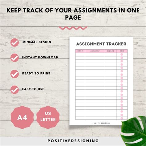 Assignment Tracker Printable Homework Planner Table Assignments Pdf
