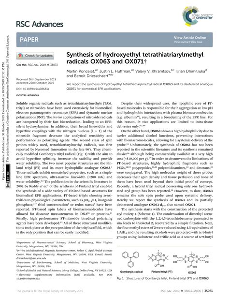 Pdf Synthesis Of Hydroxyethyl Tetrathiatriarylmethyl Radicals Ox063 And Ox071