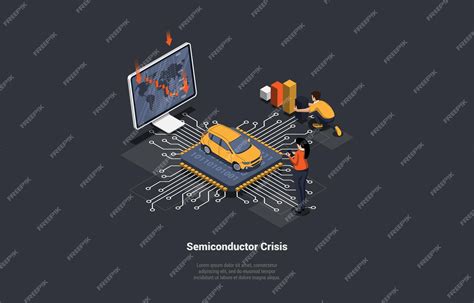 반도체 위기 경제 위기의 개념 전기 자동차에 대한 적자 마이크로칩 하이테크 공장 엔지니어 프로그래밍 마이크로칩 아이소메트릭 만화 3d 벡터 일러스트 레이 션을 위한 컴퓨터