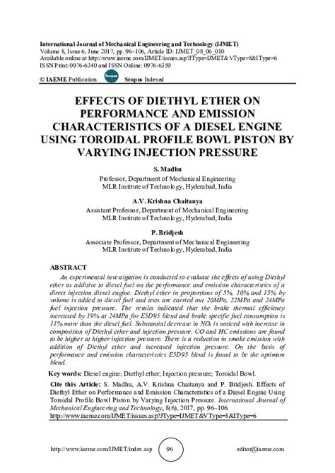Pdf Effects Of Diethyl Ether On Performance And Emission Characteristics Of A Diesel Engine
