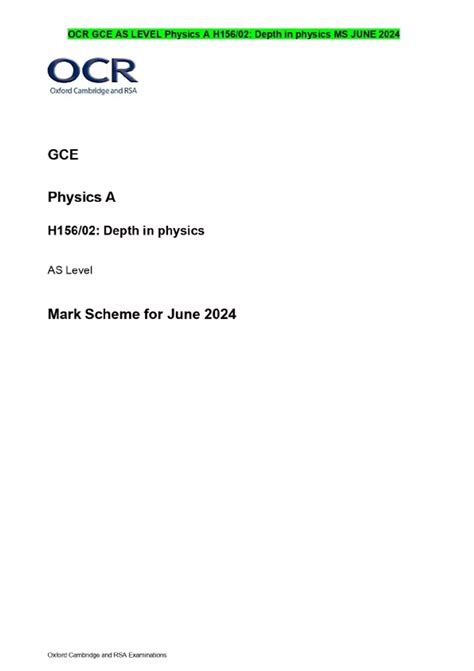 OCR GCE AS LEVEL Physics A H Depth In Physics MS JUNE Ocr Stuvia US
