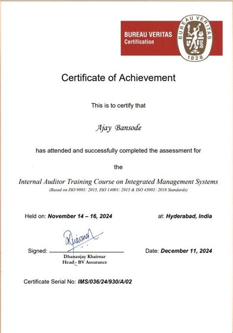 Ims Certification For Internal Auditor By Bureau Veritas In 2024