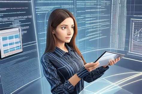 Software Coding Hologram And Woman Analyzing Data On Tablet Premium Ai Generated Image