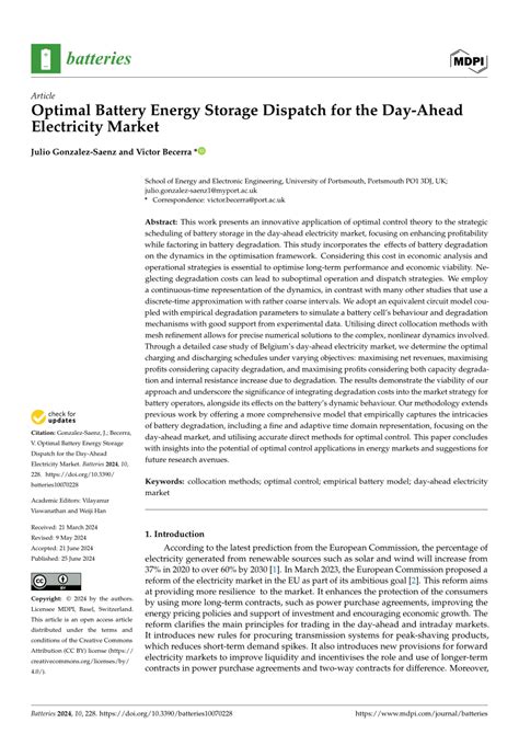 Pdf Optimal Battery Energy Storage Dispatch For The Day Ahead Electricity Market