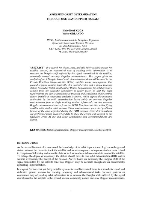 Pdf Assessing Orbit Determination Through One Way Doppler Signals