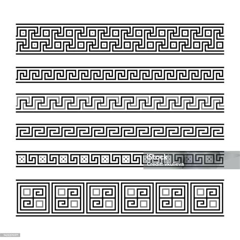그리스 키 장식품 컬렉션 구불구불 한 패턴 세트 반복되는 기하학적 메안드로스 모티프 그리스 프렛 디자인 고대 장식 국경 벡터 장식 골동품에 대한 스톡 벡터 아트 및 기타