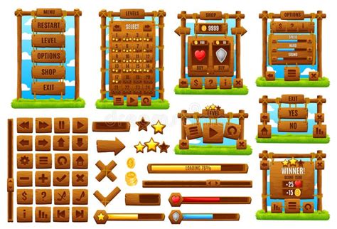 Wooden Buttons Cartoon Interface Game UI Elements Stock Vector Illustration Of Round