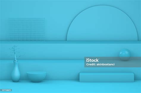 3d 최소한의 푸른 계단 연단 및 기하학적 인 도형 0명에 대한 스톡 사진 및 기타 이미지 0명 가정의 방 개체 그룹 Istock