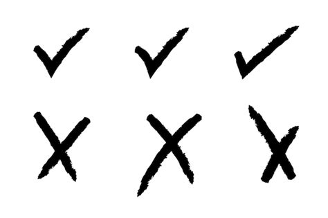 표시를 확인하고 브러시 요소를 교차합니다 틱 브러시 기호 브러시 예 표시가 없습니다 손으로 그린 수표와 흰색 배경에 고립