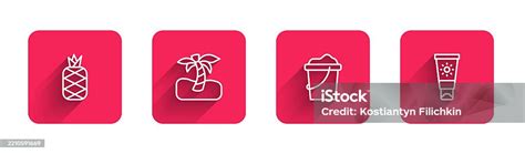 파인애플 열대 야자수 모래 양동이 긴 그림자가 있는 자외선 차단제 크림 튜브를 설정합니다 빨간색 사각형 버튼 벡터 건강한 생활방식에 대한 스톡 벡터 아트 및 기타 이미지