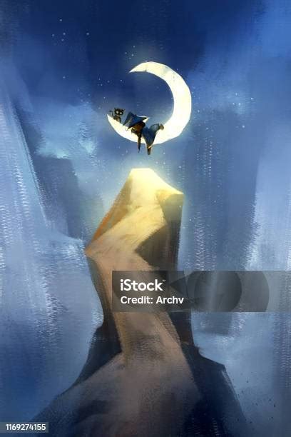 달에 등반 작은 마녀의 디지털 아트 페인팅 캔버스 질감에 아크릴 거친에 대한 스톡 벡터 아트 및 기타 이미지 거친 검은색 고양이 새끼 Istock