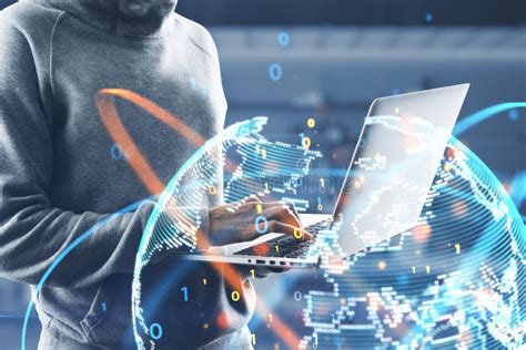 Close Up Of Hands Using Laptop With Abstract Globe Sphere Hologram With Coding And Polygonal