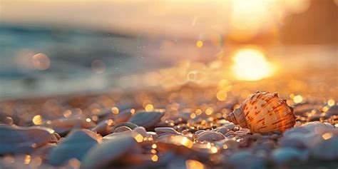 Sunset On Sea Beach Sun Light Ray Reflection Water And Wild Amber Gemstone Seashell Background