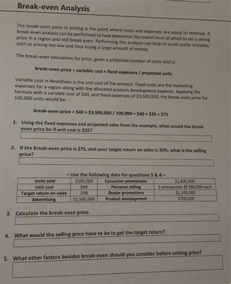 Solved Break Even Analysis The Break Even Point In Pricing Chegg