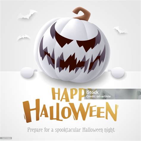 즐거운 할로윈 보내세요 흰색 배경에 큰 인사말 간판 귀여운 잭 O 랜턴 흰색 호박 캐릭터의 3d 그림 3차원 형태에 대한 스톡 벡터 아트 및 기타 이미지 Istock