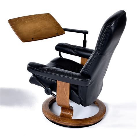 Black Leather Ekornes Stressless Recliner With Ottoman And Computer Table