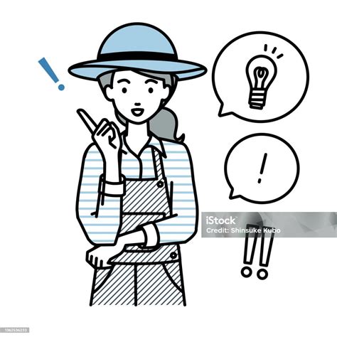포인팅 핸드 제스처 전구와 느낌표 기호 세트와 함께 서 좋은 아이디어를 받고 농부 여자 가리키기에 대한 스톡 벡터 아트 및 기타 이미지 가리키기 농부 농업 Istock