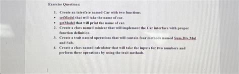 solved exercise questions 1 create an interface named car