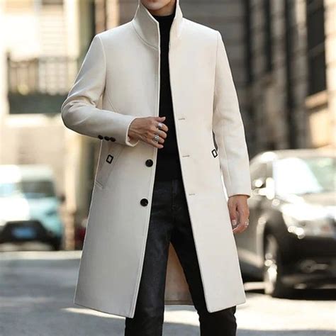 Luxury Men Trench Coat Off White Style Slim Fit Party Wear Winter Wool